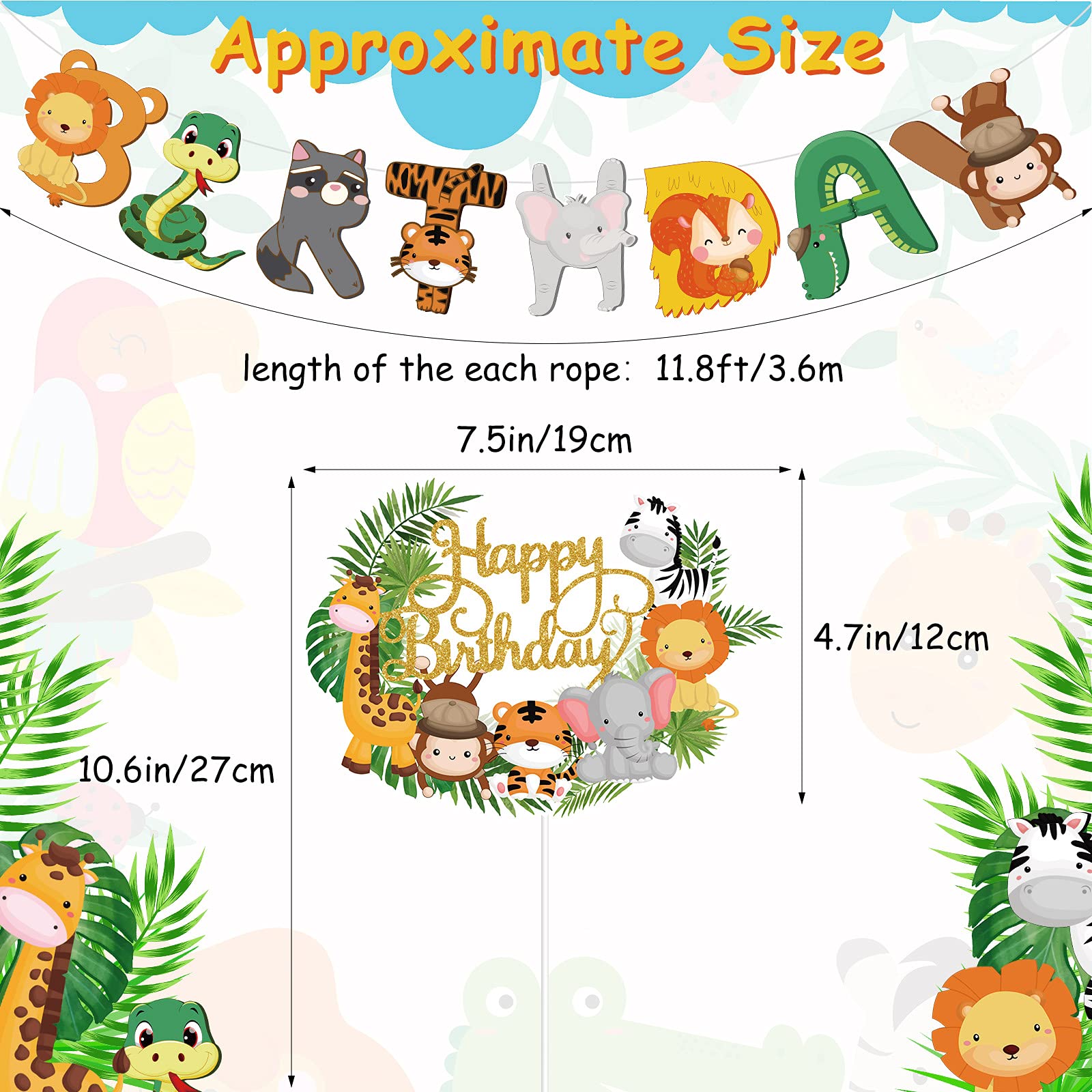 2 Pieces Safari Animals Happy Birthday Banner Cupcake Topper Jungle Theme Birthday Supplies, Safari Birthday Decorations Safari Baby Shower Decorations for Two Wild Theme Party Birthday Party Supplies