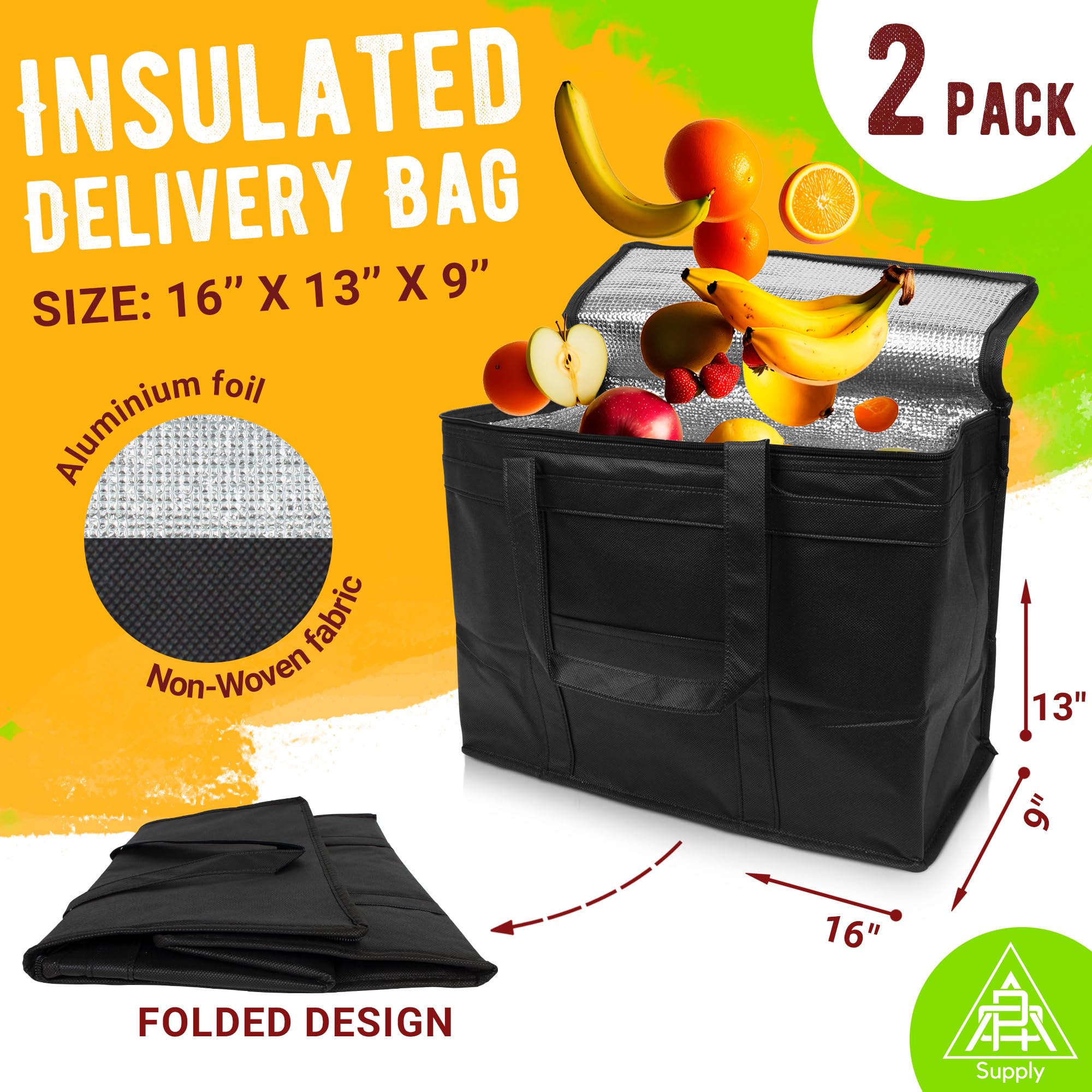 APQ Supply Black Insulated Food Delivery Bag 16 x 13 x 9 Inches, Insulated Grocery Bags with Zippered Top, Pack of 2 Heavy Duty Catering Bag for Food Deliveries, Insulated Bags for Food Delivery