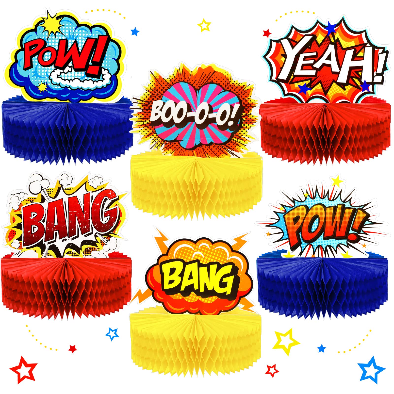 Skylety 6 Pcs Hero Themed Party Decoration Hero Honeycomb Centerpieces Hero Party Supplies 3D Table Topper Paper Hero Action Sign Table Topper Decor 7.5 x 7.8 Inch for Happy Birthday Baby Shower Favor