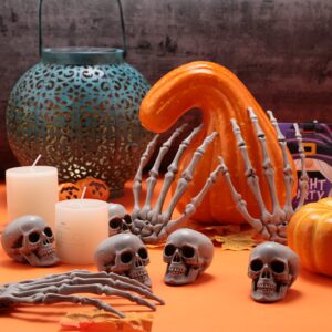 8 Pieces Halloween Decoration Set Includes 4 Halloween Mini Skulls Realistic Looking Skulls and 4 Skeleton Hands Plastic Fake Human Hands for Halloween Party Decoration