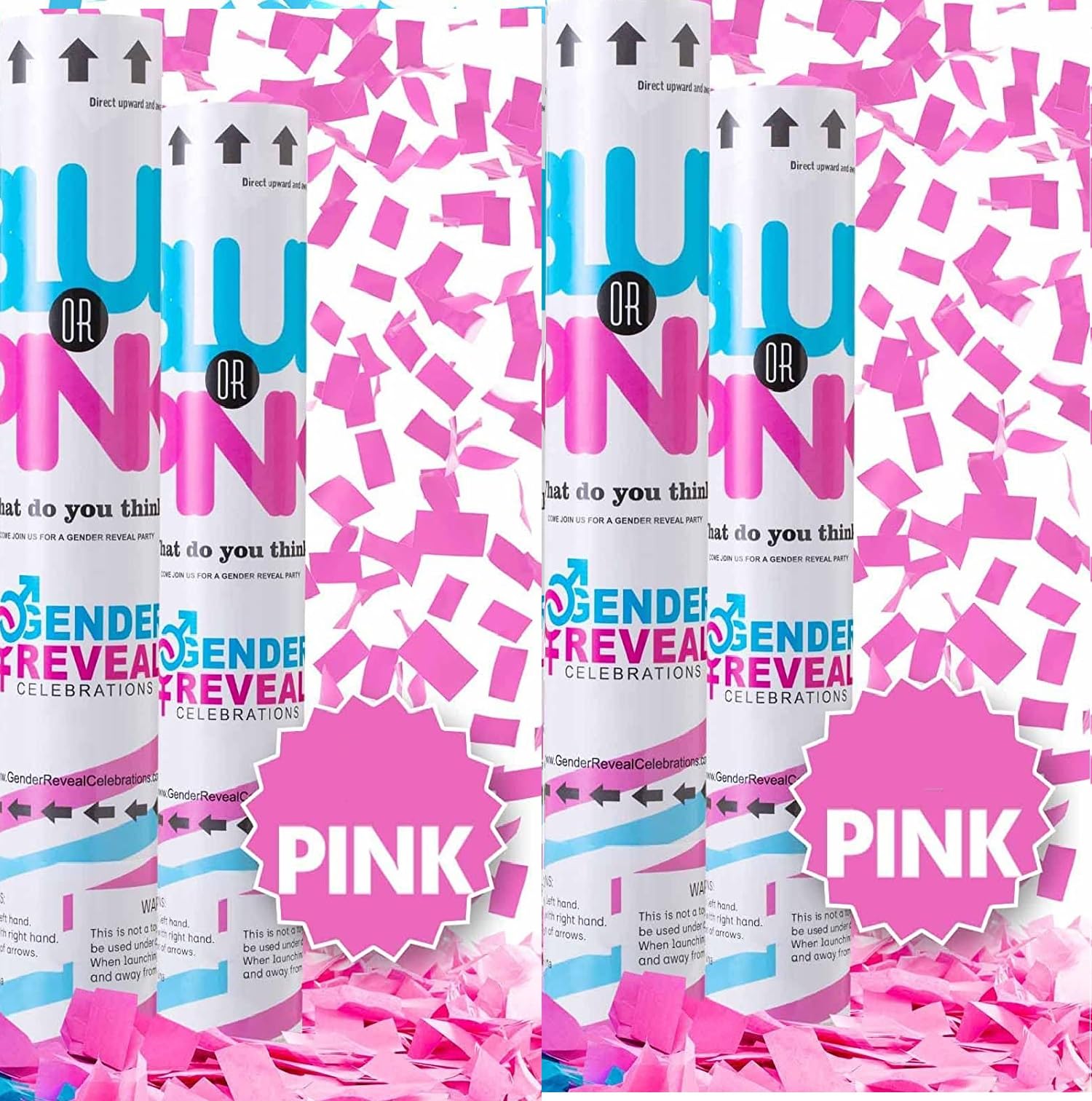 Tamsan Gender Reveal Cannons - Girl Surprise! Set of 4 Biodegradable Confetti, 12 Inches Pink Confetti Cannon, Easy to Use Indoor & Outdoor Gender Reveal Cannon with Matching Stickers