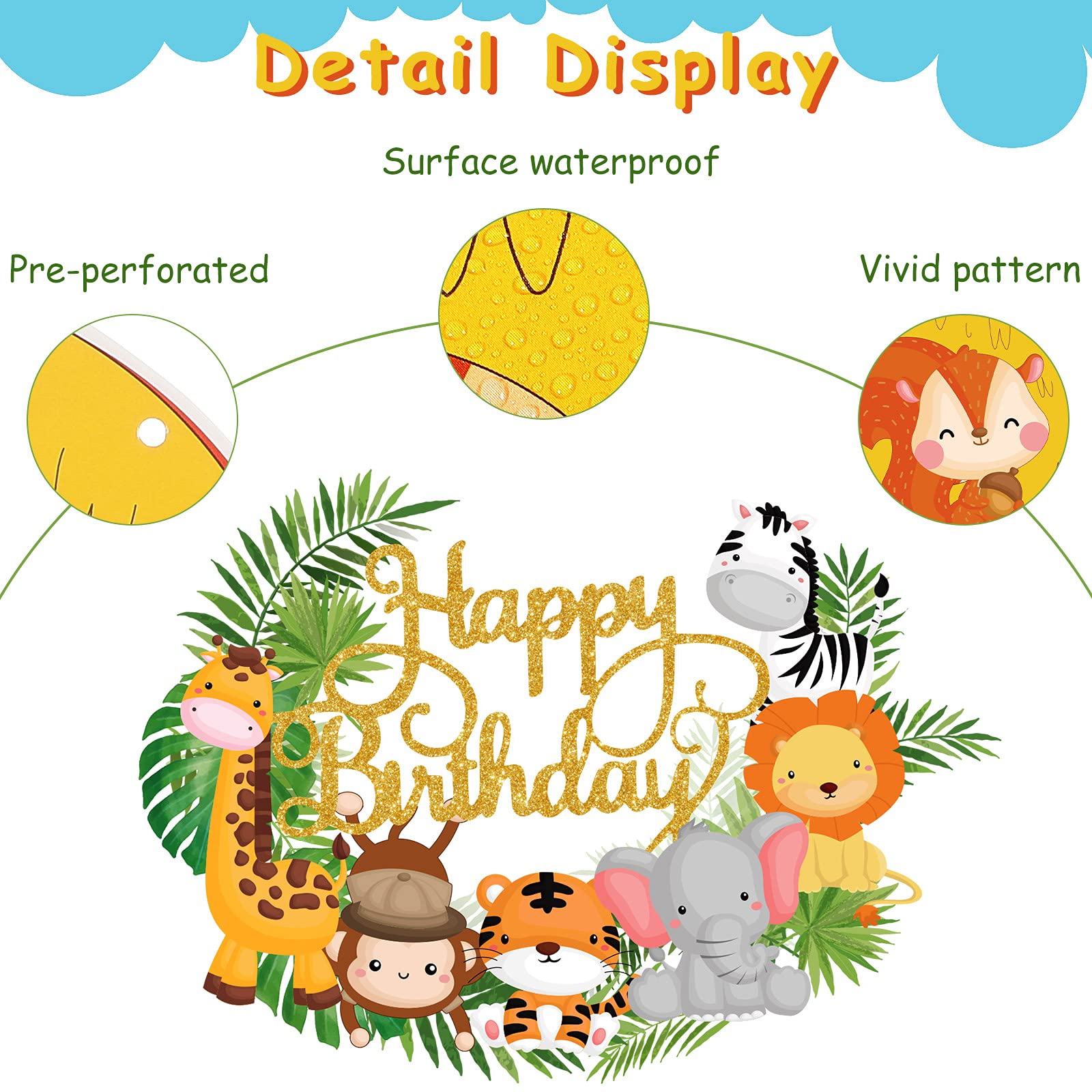 2 Pieces Safari Animals Happy Birthday Banner Cupcake Topper Jungle Theme Birthday Supplies, Safari Birthday Decorations Safari Baby Shower Decorations for Two Wild Theme Party Birthday Party Supplies