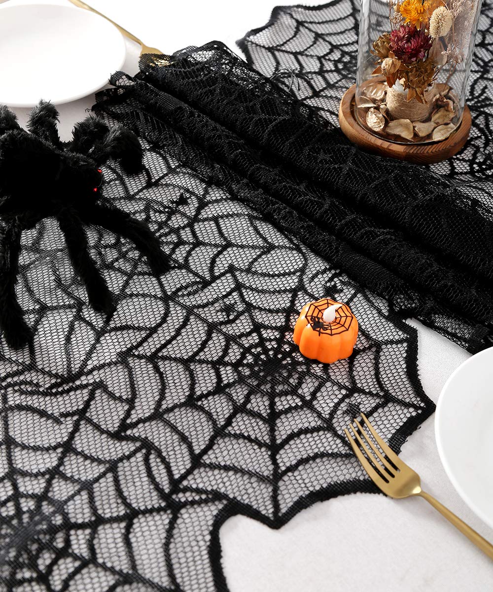 B-COOL Halloween Table Runners Lace 2 Packs Black Spider Web Linens Polyester Gathering Gothic Festival Fabric Decoration 18x72inch