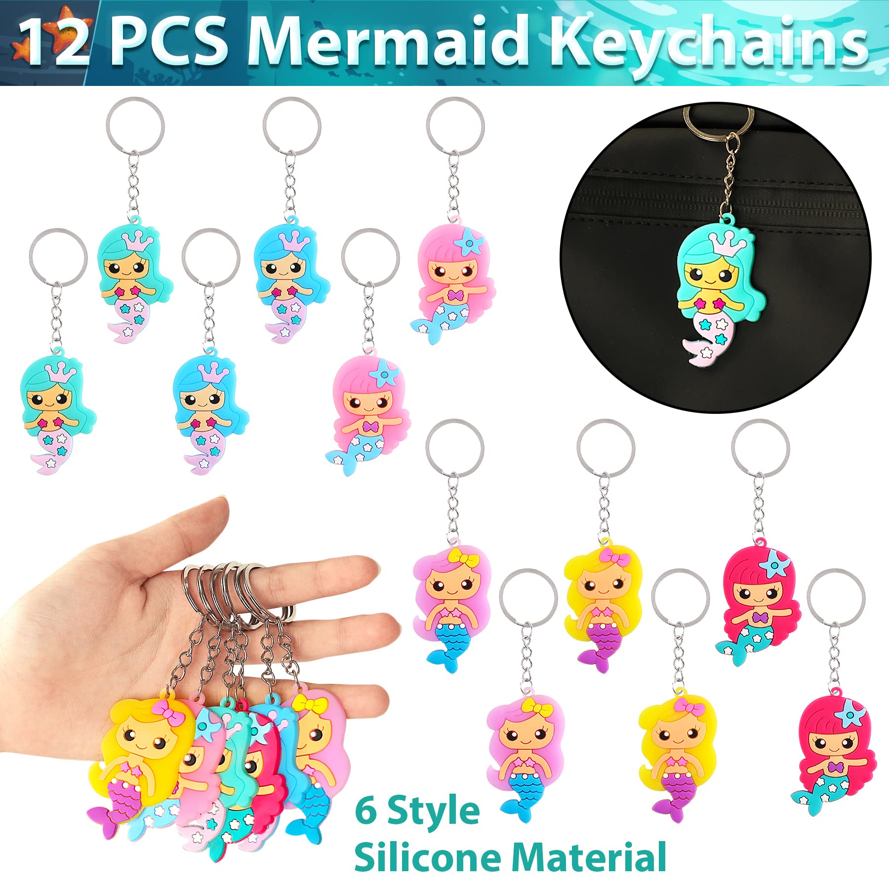 Mermaid Party Favor Set 92 PCS Princess Slap Bracelet Keychains Stickers Necklace Bubble Stick Gift Bags for Kids Girls Baby Shower Classroom Reward