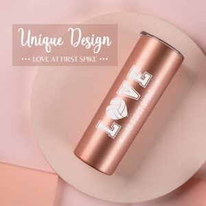 Onebttl Volleyball Gifts for Teen Girls & Team, Stainless Steel Kids Volleyball Tumbler, Double Wall Vacuum Insulated Bottle with Lid and Straw - RoseGold Love at first Spike