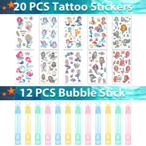 Mermaid Party Favor Set 92 PCS Princess Slap Bracelet Keychains Stickers Necklace Bubble Stick Gift Bags for Kids Girls Baby Shower Classroom Reward