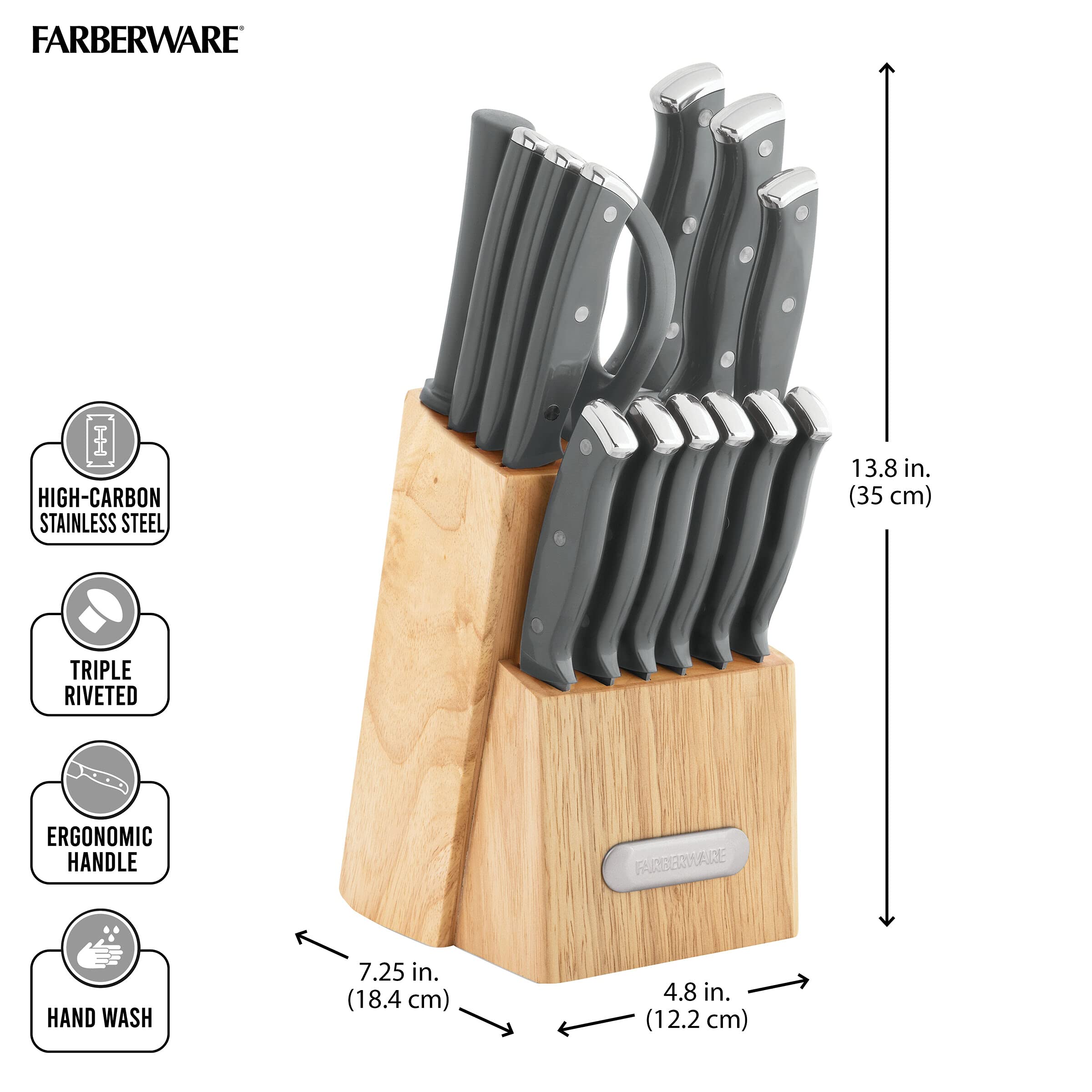 Farberware Triple Riveted Knife Set High-Carbon Stainless Steel Blades, Ergonomic Handles with Silver Accents, Includes Rubber Wood Storage Block, 15 piece, Gray