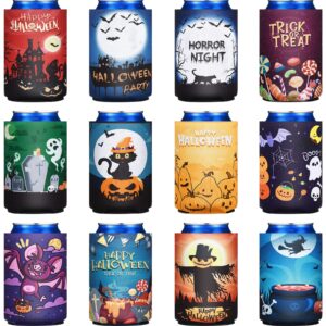 12 pieces halloween can cooler sleeve insulated collapsible can sleeves neoprene beer can sleeves reusable can coolers for halloween party supplies 12 oz cold drinks beer can, 4 x 4 inch