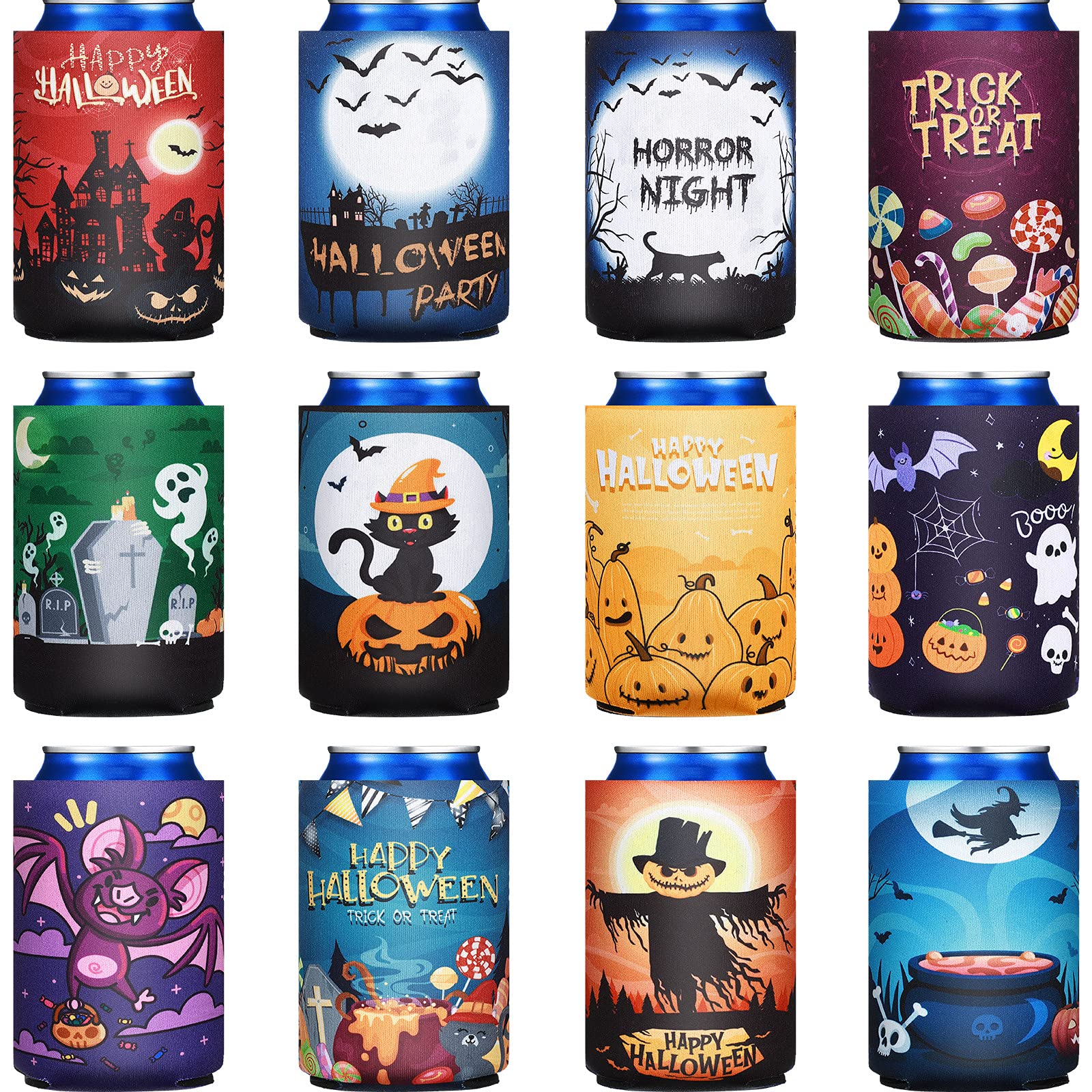 12 Pieces Halloween Can Cooler Sleeve Insulated Collapsible Can Sleeves Neoprene Beer Can Sleeves Reusable Can Coolers for Halloween Party Supplies 12 oz Cold Drinks Beer Can, 4 x 4 Inch