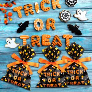 Tenare 100 Pcs Halloween Cellophane Treat Bags Plastic Goodie Candy Bags Corn Wrapped Gift Loot Bags with 22 Yards Ribbon for Trick Treating Class Parties Favor Crafts, 6 x 9 Inch