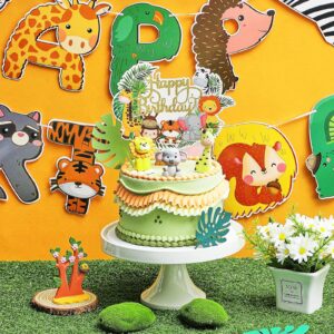 2 Pieces Safari Animals Happy Birthday Banner Cupcake Topper Jungle Theme Birthday Supplies, Safari Birthday Decorations Safari Baby Shower Decorations for Two Wild Theme Party Birthday Party Supplies