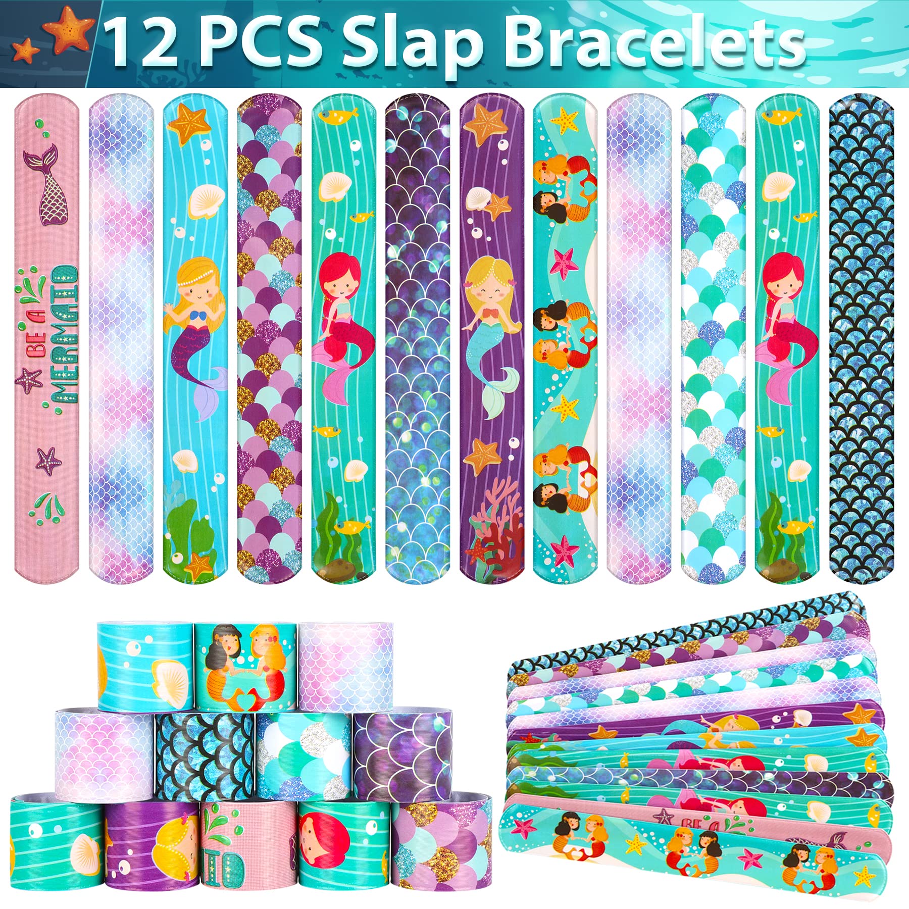 Mermaid Party Favor Set 92 PCS Princess Slap Bracelet Keychains Stickers Necklace Bubble Stick Gift Bags for Kids Girls Baby Shower Classroom Reward