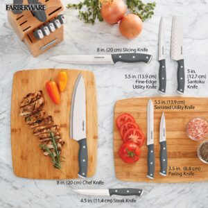 Farberware Triple Riveted Knife Set High-Carbon Stainless Steel Blades, Ergonomic Handles with Silver Accents, Includes Rubber Wood Storage Block, 15 piece, Gray