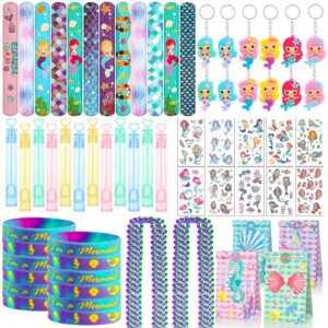 mermaid party favor set 92 pcs princess slap bracelet keychains stickers necklace bubble stick gift bags for kids girls baby shower classroom reward