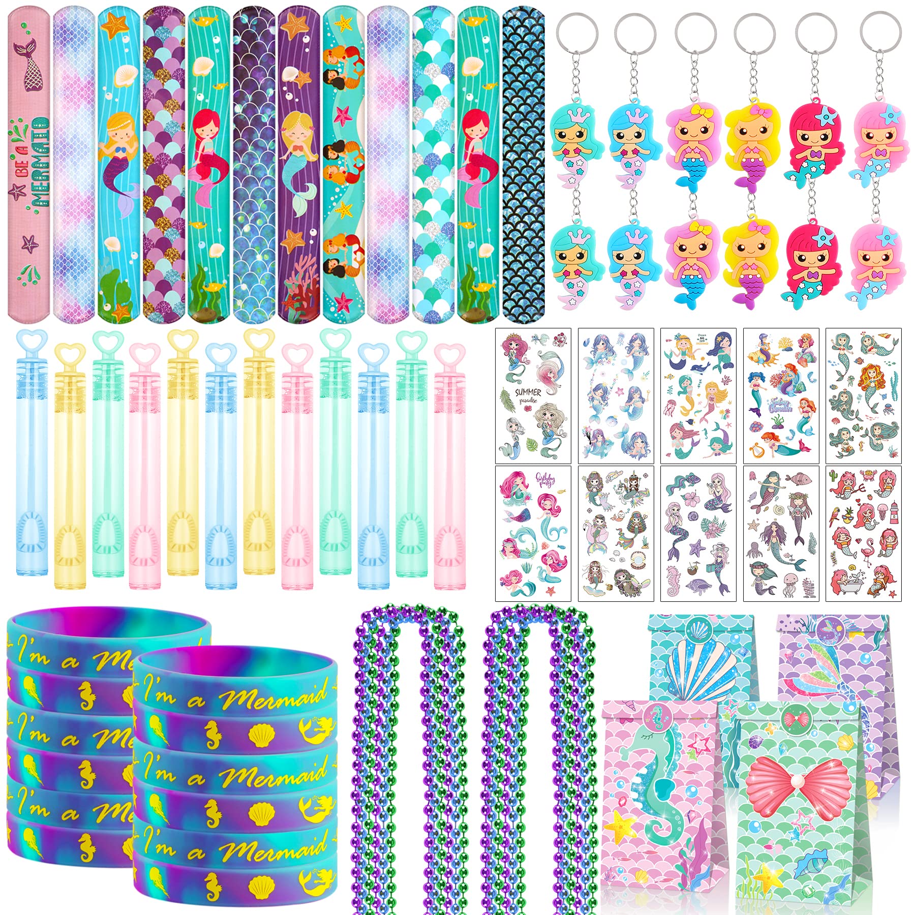 Mermaid Party Favor Set 92 PCS Princess Slap Bracelet Keychains Stickers Necklace Bubble Stick Gift Bags for Kids Girls Baby Shower Classroom Reward