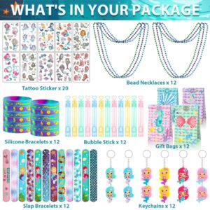 Mermaid Party Favor Set 92 PCS Princess Slap Bracelet Keychains Stickers Necklace Bubble Stick Gift Bags for Kids Girls Baby Shower Classroom Reward