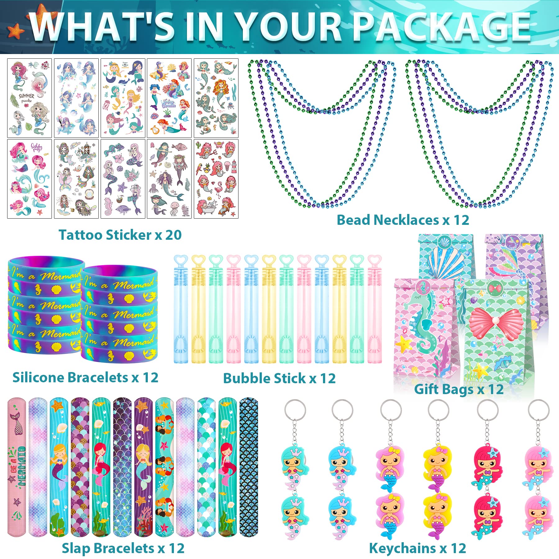 Mermaid Party Favor Set 92 PCS Princess Slap Bracelet Keychains Stickers Necklace Bubble Stick Gift Bags for Kids Girls Baby Shower Classroom Reward