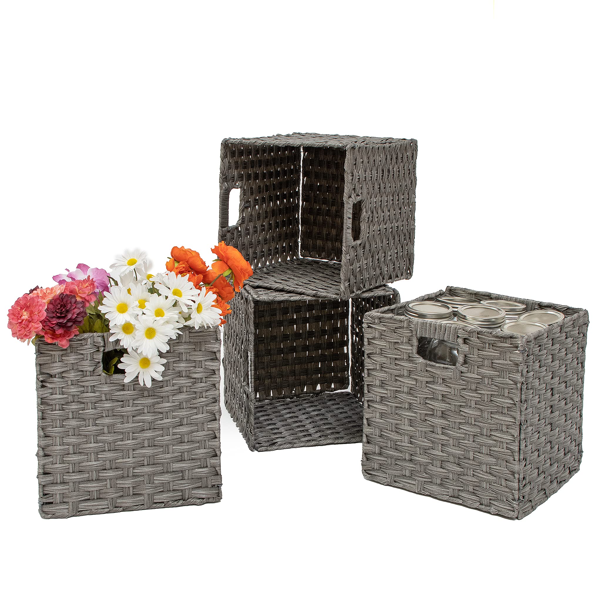 Foldable Synthetic Plastic Wicker Storage Basket with Iron Wire Frame By Blue Ridge Basket Company (Set of 4)