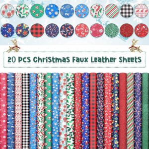 20 Pieces Christmas Faux Leather Sheets 6.3 x 8.3 inches Glitter Faux Leather Sheets Christmas Theme Printed Synthetic Leather Sheets Faux Leather Fabric Sheets for DIY Crafts Making Supplies