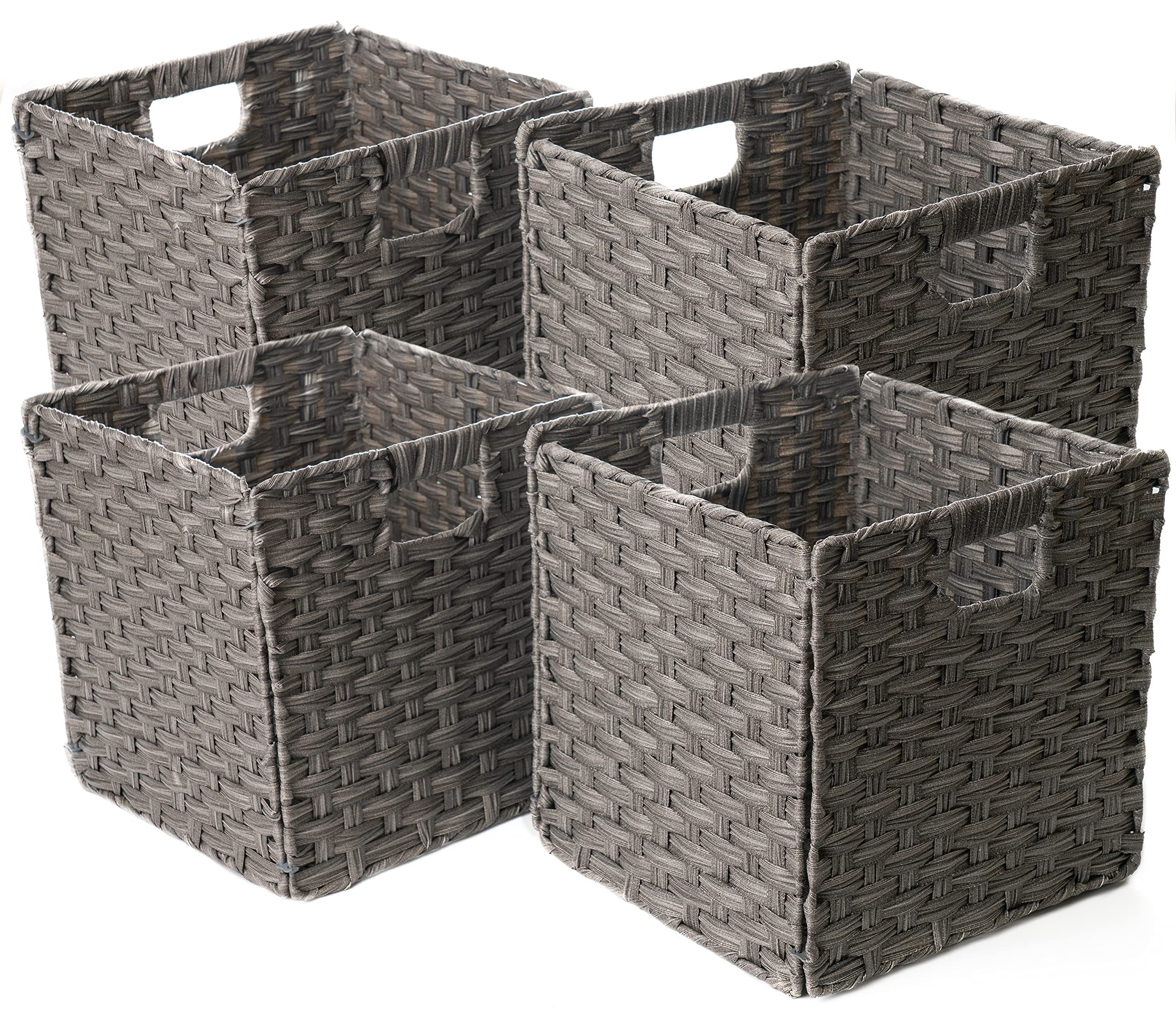 Foldable Synthetic Plastic Wicker Storage Basket with Iron Wire Frame By Blue Ridge Basket Company (Set of 4)