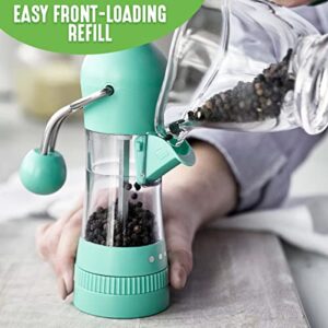 GreenLife Ratchet Mill, Salt and Pepper Grinder, Mess-Free, Adjustable Coarseness and Easily Refillable, Kitchen Tool, Seasoning, Spice Mill, Ergonomic, No-Twist Grinding, Turquoise