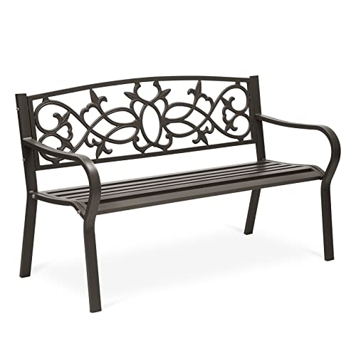 Outogether Steel Bench Metal Bench for Outdoor, Garden Bench for Patio Porch Backyard, Floral Design Backrest Slatted Seat (Brown)