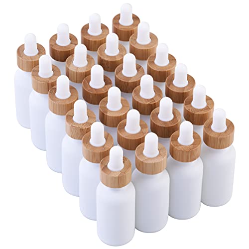 Focus Nutrition 24 Pack White Coated Boston Round Essential Oils Aromatherapy Glass Bottles Jar with Bamboo Dropper Cap, 1oz