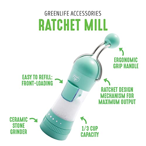 GreenLife Ratchet Mill, Salt and Pepper Grinder, Mess-Free, Adjustable Coarseness and Easily Refillable, Kitchen Tool, Seasoning, Spice Mill, Ergonomic, No-Twist Grinding, Turquoise