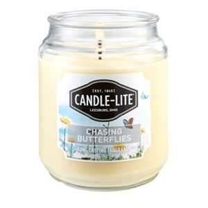 candle-lite everday chasing butterflies scented candle, 18 oz. aromatherapy candle, off-white