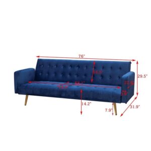 Kingway SF-6005-Blue Futon Sofa Bed Convertible Sleeper, Velvet Couch