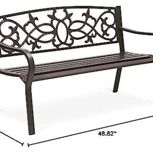 Outogether Steel Bench Metal Bench for Outdoor, Garden Bench for Patio Porch Backyard, Floral Design Backrest Slatted Seat (Brown)