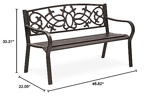 Outogether Steel Bench Metal Bench for Outdoor, Garden Bench for Patio Porch Backyard, Floral Design Backrest Slatted Seat (Brown)