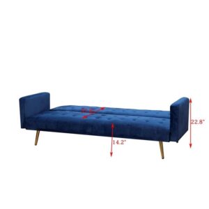 Kingway SF-6005-Blue Futon Sofa Bed Convertible Sleeper, Velvet Couch