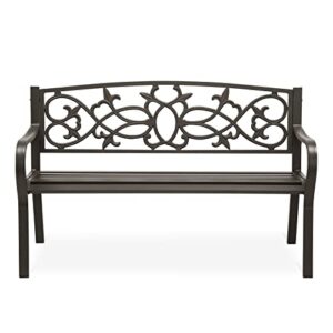 outogether steel bench metal bench for outdoor, garden bench for patio porch backyard, floral design backrest slatted seat (brown)