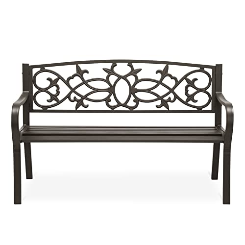 Outogether Steel Bench Metal Bench for Outdoor, Garden Bench for Patio Porch Backyard, Floral Design Backrest Slatted Seat (Brown)