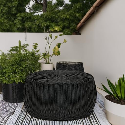 Household Essentials Handwoven Resin Storage Stool Ottoman, Black