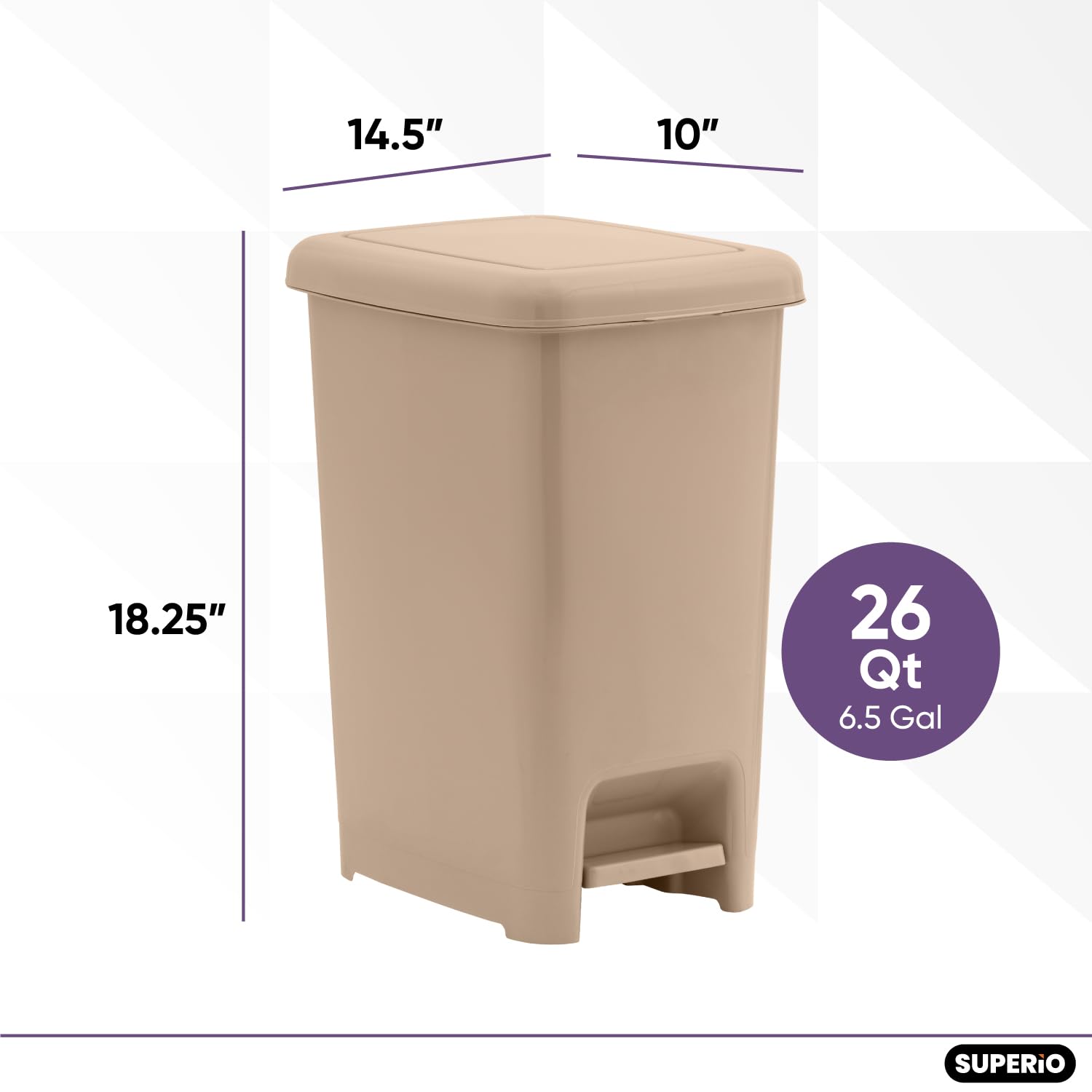 Superio Slim Step On Trash Can, Beige Waste Bin with Foot Pedal Lid 26 Liter, Kitchen, Under Desk, Office, Bedroom, Bathroom (2, 6.5 Gallon)