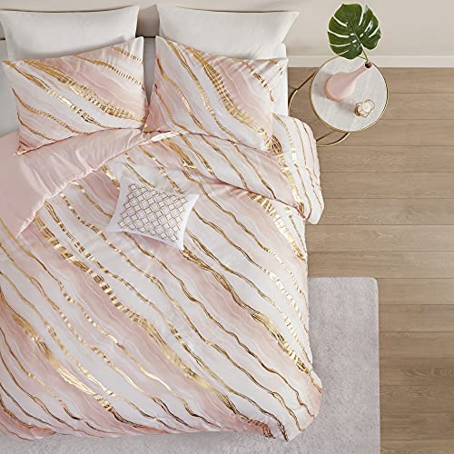 Comfort Spaces Nero Metallic Comforter Fun Print for Girls Bedroom Modern Bedding Set, All Season Cover, Matching Sham, Full/Queen(90"x90"), Abstract Marble Blush 4 Piece