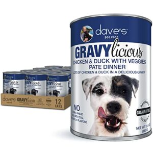 dave's pet food gravylicous soft wet dog food for small & large dogs (chicken & duck with veggies), grain free canned dog food, added vitamins & minerals, wheat & gluten-free, 12oz cans (case of 12)