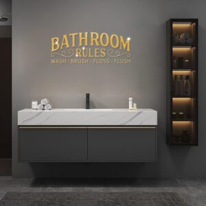 3D Acrylic Mirror Bathroom Wall Sticker, Bathroom Rules Wash Brush Floss Flush Mirror Wall Decals, Removable Lettering Mural Art Decor for Restroom Toilet Washroom (Gold)