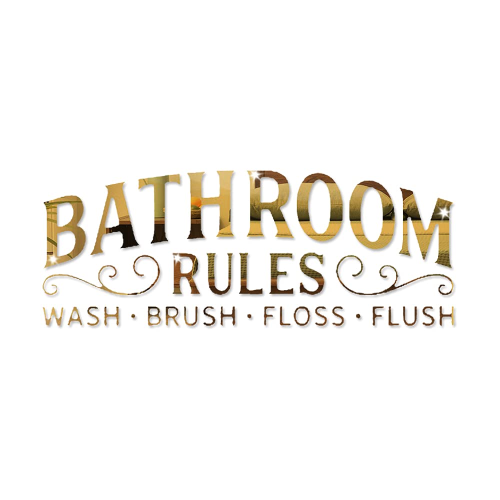 3D Acrylic Mirror Bathroom Wall Sticker, Bathroom Rules Wash Brush Floss Flush Mirror Wall Decals, Removable Lettering Mural Art Decor for Restroom Toilet Washroom (Gold)