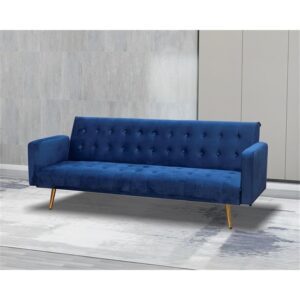 Kingway SF-6005-Blue Futon Sofa Bed Convertible Sleeper, Velvet Couch