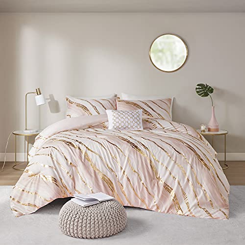 Comfort Spaces Nero Metallic Comforter Fun Print for Girls Bedroom Modern Bedding Set, All Season Cover, Matching Sham, Full/Queen(90"x90"), Abstract Marble Blush 4 Piece