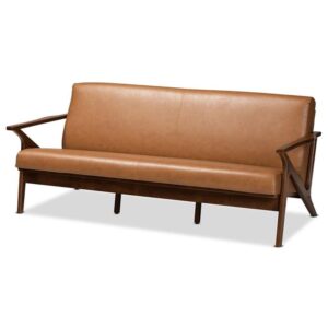 baxton studio bianca mid-century modern walnut brown finished wood and tan faux leather effect sofa