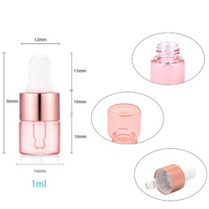 USRommaner 35 Pack,1ml Pink Sample Dropper Vial,Empty Glass Eye Dropper Bottle With Rose-Gold Cap,Liquid Mini Glass Pipette Travel Essential Oil Perfume Container-Pipette,Funnel,included