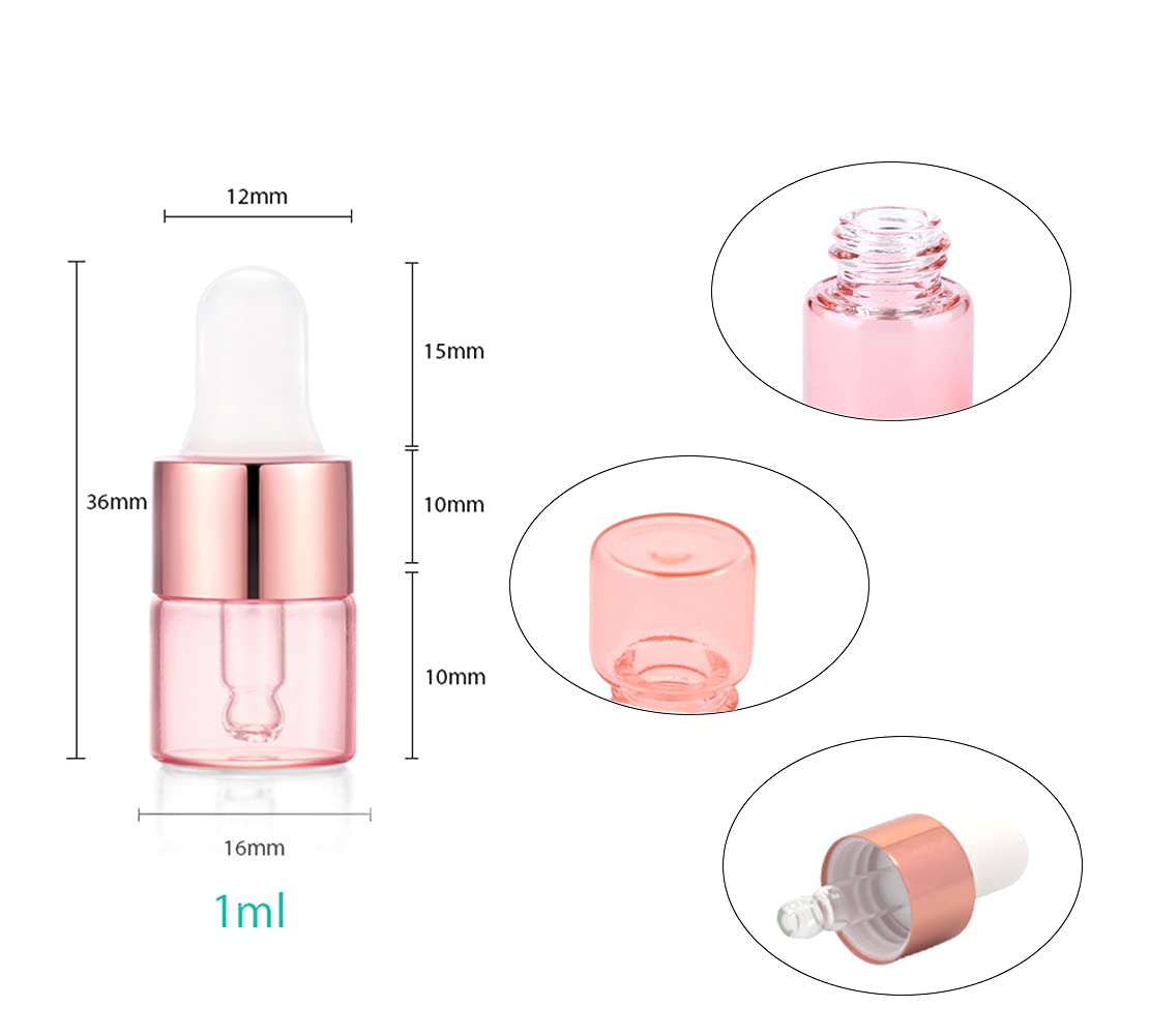 USRommaner 35 Pack,1ml Pink Sample Dropper Vial,Empty Glass Eye Dropper Bottle With Rose-Gold Cap,Liquid Mini Glass Pipette Travel Essential Oil Perfume Container-Pipette,Funnel,included