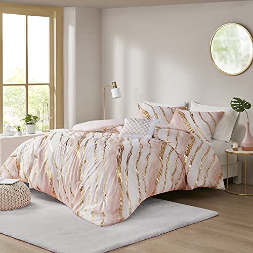 Comfort Spaces Nero Metallic Comforter Fun Print for Girls Bedroom Modern Bedding Set, All Season Cover, Matching Sham, Full/Queen(90"x90"), Abstract Marble Blush 4 Piece