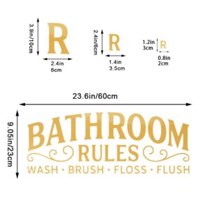 3D Acrylic Mirror Bathroom Wall Sticker, Bathroom Rules Wash Brush Floss Flush Mirror Wall Decals, Removable Lettering Mural Art Decor for Restroom Toilet Washroom (Gold)