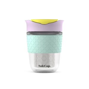 solecup. travel mug loose tea infuser - detachable tea strainer with spillproof lid - bpa-free reusable glass travel coffee cup with silicone band (ice cream)