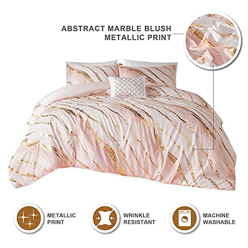 Comfort Spaces Nero Metallic Comforter Fun Print for Girls Bedroom Modern Bedding Set, All Season Cover, Matching Sham, Full/Queen(90"x90"), Abstract Marble Blush 4 Piece